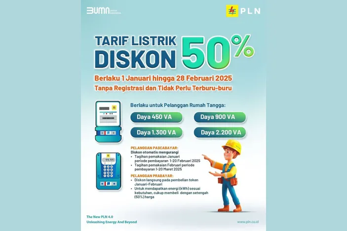 PLN Beri Diskon Tarif Listrik 50 Persen 1 Januari - Februari 2025 ... PLN Beri Diskon Tarif Listrik 50 Persen 1 Januari - Februari 2025 ...