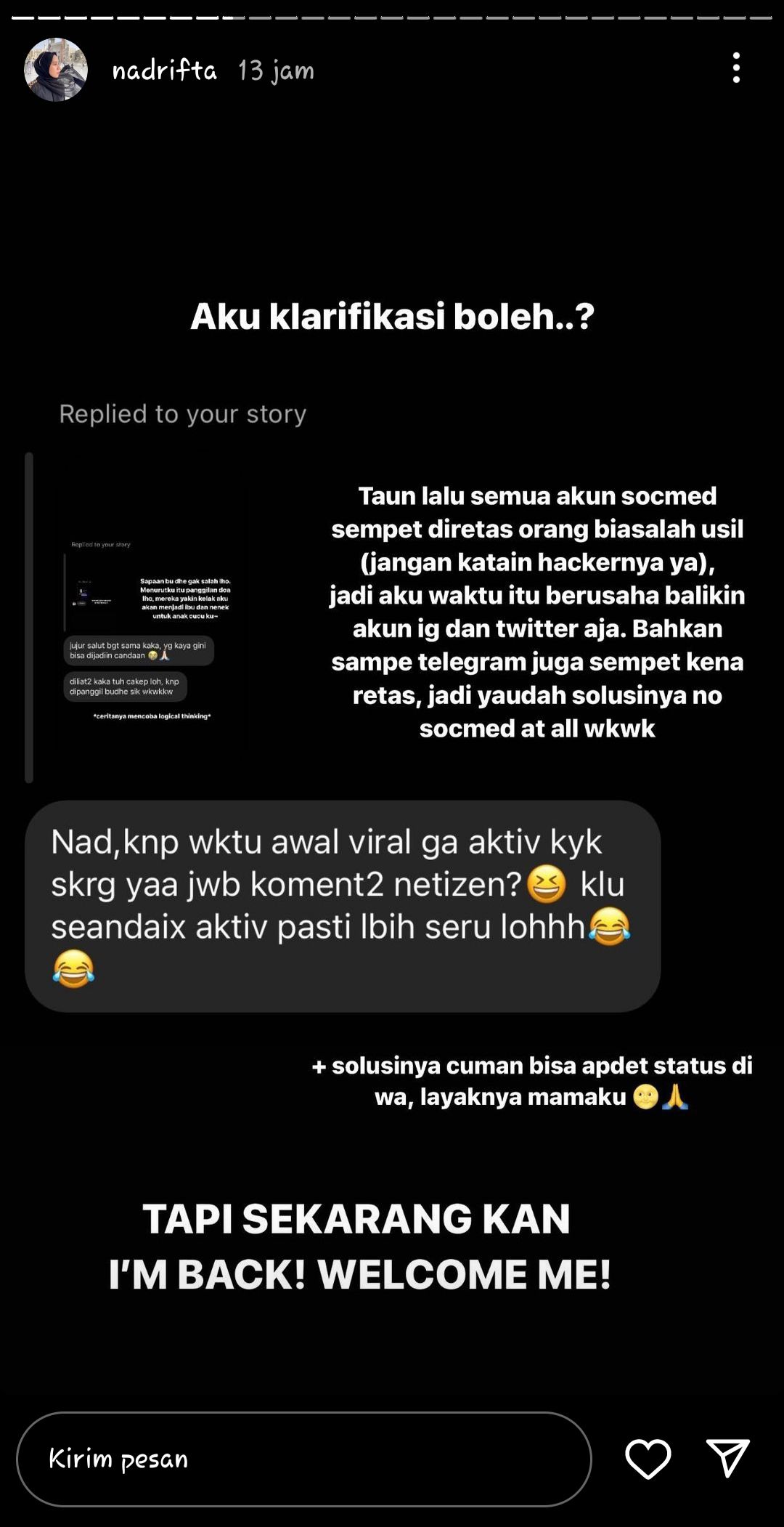 Kini Aktif Balas Sindiran Netizen, Nadya Arifta Klarifikasi Kondisinya ... Kini Aktif Balas Sindiran Netizen, Nadya Arifta Klarifikasi Kondisinya ...