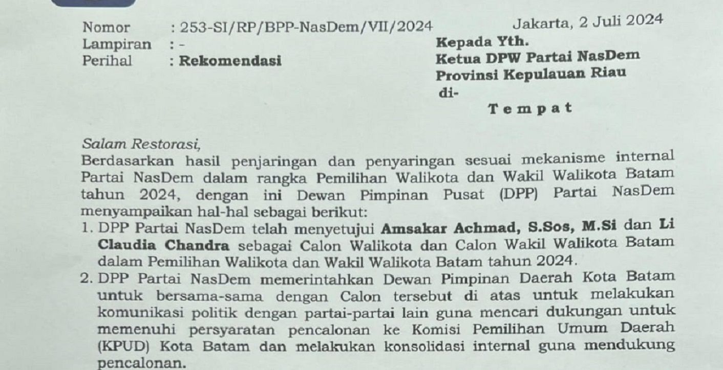 Beredar Surat Rekomendasi Nasdem Dukung Amsakar Achmad - Li Claudia di ... Beredar Surat Rekomendasi Nasdem Dukung Amsakar Achmad - Li Claudia di ...
