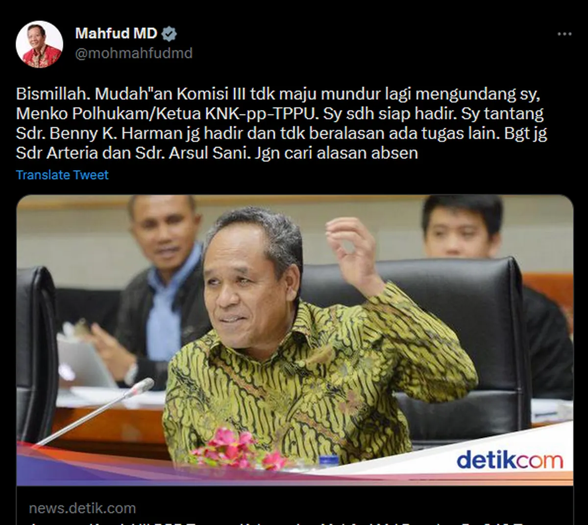 Mahfud MD: Saya Tantang Benny K Harman, Arteria Dahlan, Arsul Sani ... Mahfud MD: Saya Tantang Benny K Harman, Arteria Dahlan, Arsul Sani ...